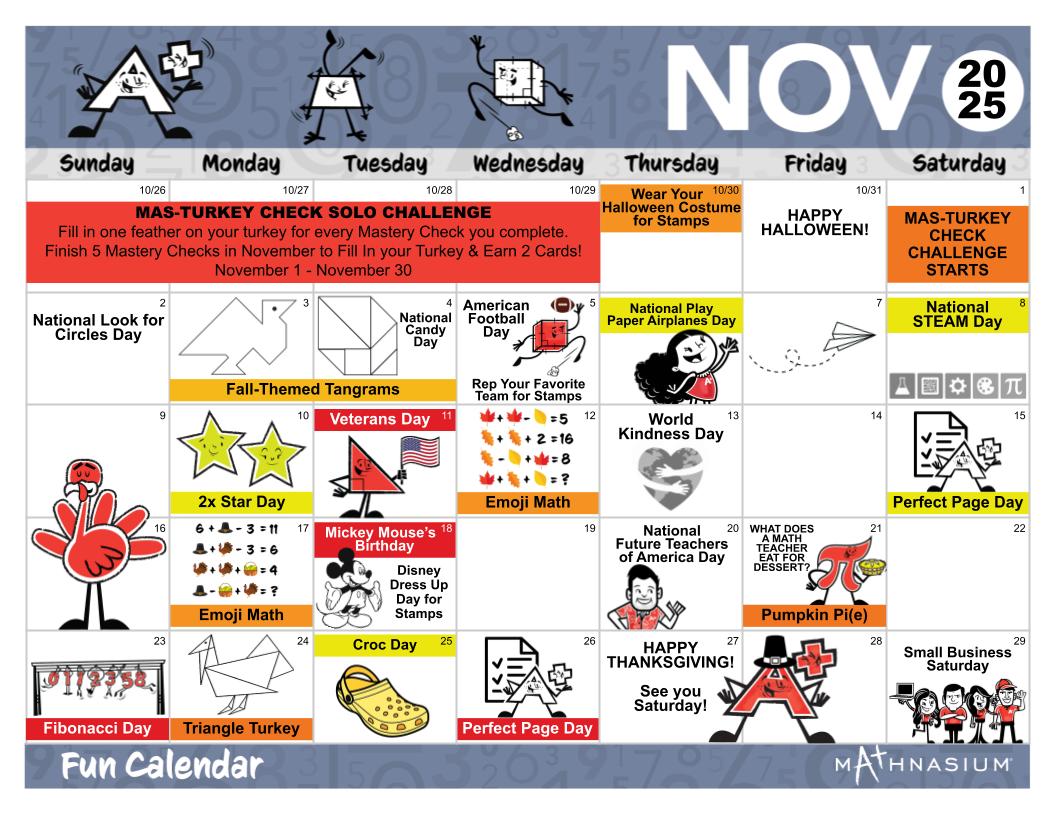 Mathnasium Fun Calendar - November 2025
