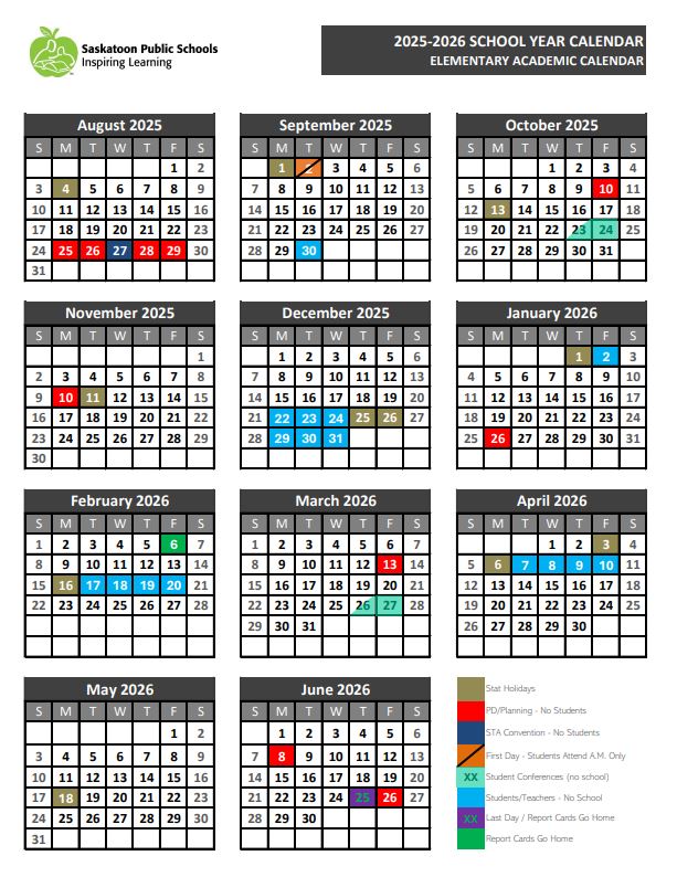 Back to School - 2025 school calendars Saskatoon